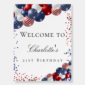 Birthday patriotic red white blue balloons welcome foam board | Zazzle