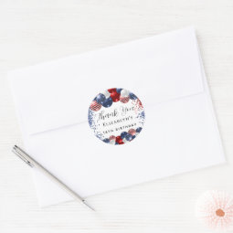 Birthday patriotic red white blue flag thank you classic round sticker ...