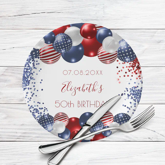 Birthday patriotic USA red white blue flag Paper Plates | Zazzle