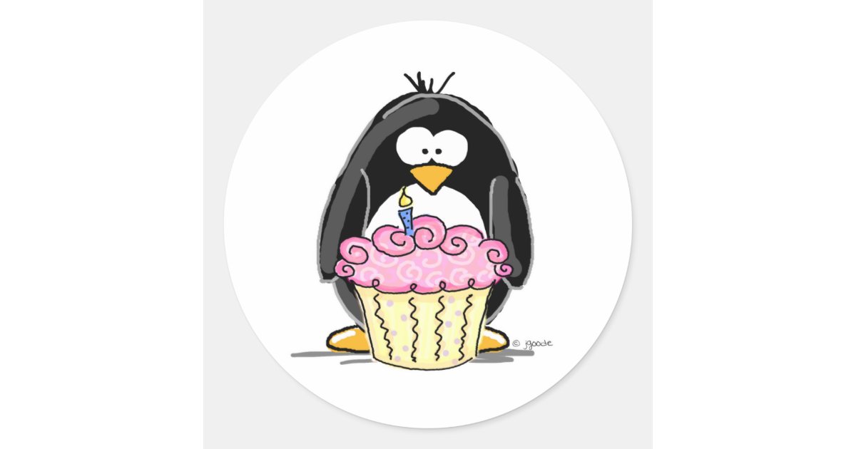Birthday Penguin with Cupcake Classic Round Sticker | Zazzle