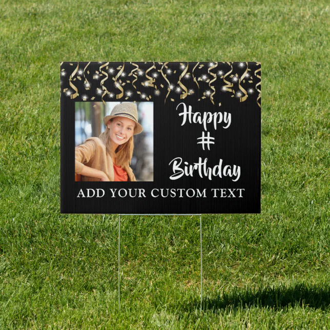 Birthday Photo Black Gold Streamers Personalized Sign | Zazzle