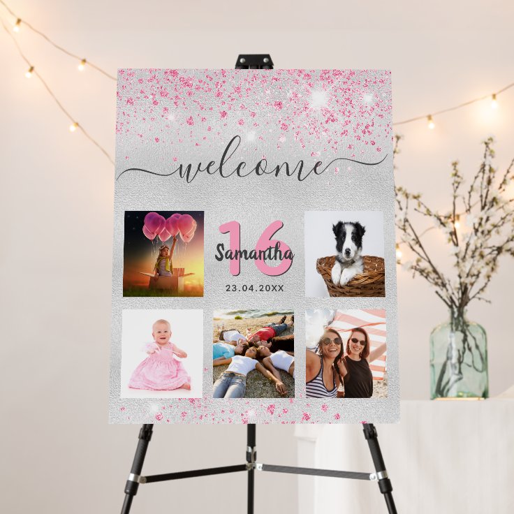 Birthday photo collage silver glitter pink welcome foam board | Zazzle