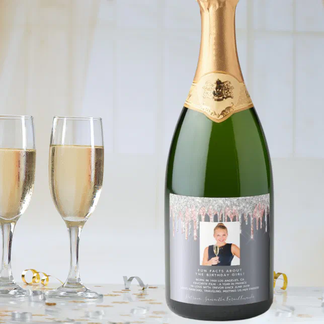 Birthday photo silver glitter pink fun facts bio sparkling wine label ...