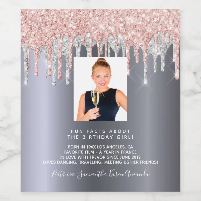 Birthday photo silver glitter pink fun facts bio wine label | Zazzle