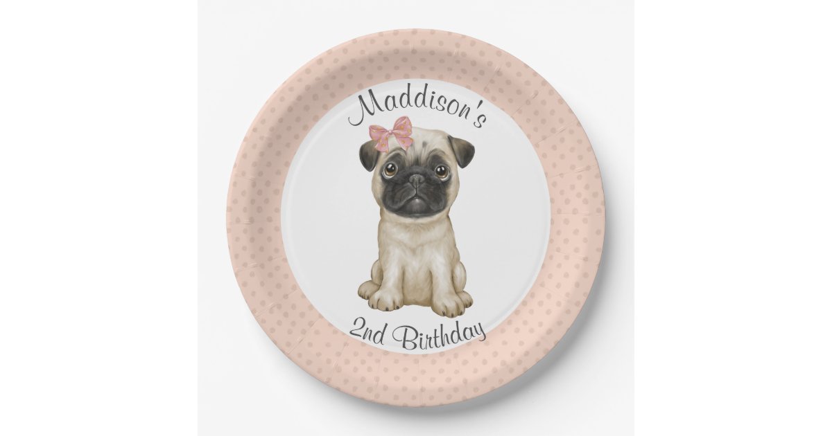Birthday Pink Baby Girl Pug Paper Plate | Zazzle