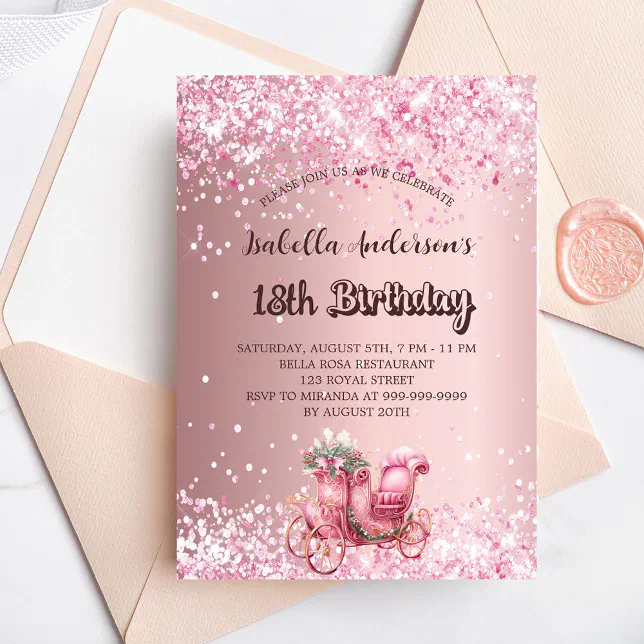 Birthday pink carriage elegant girly invitation postcard | Zazzle