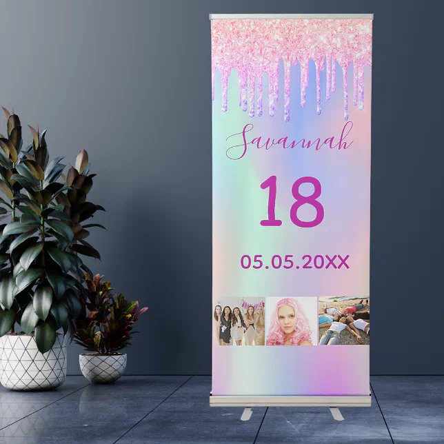 Birthday pink purple glitter photo holographic retractable banner | Zazzle