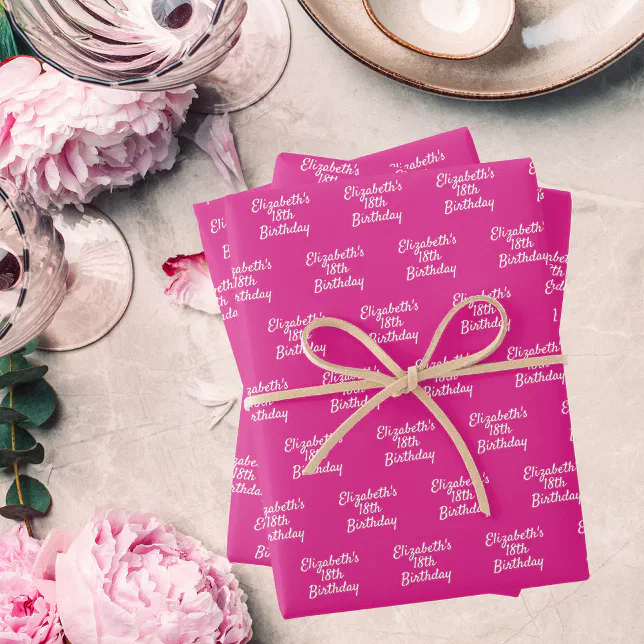Birthday pink white name girl wrapping paper sheets | Zazzle