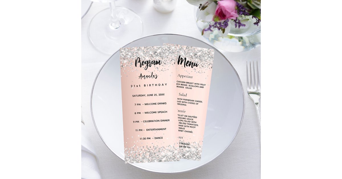 Birthday Progam Menu rose gold silver | Zazzle