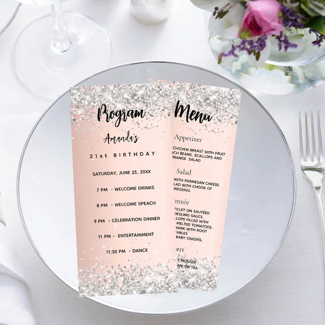 Birthday Progam Menu rose gold silver | Zazzle