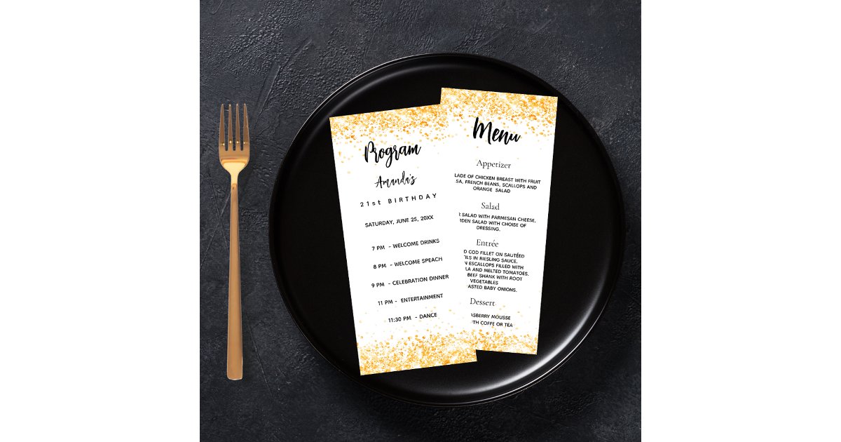 Birthday Progam Menu white gold confetti | Zazzle