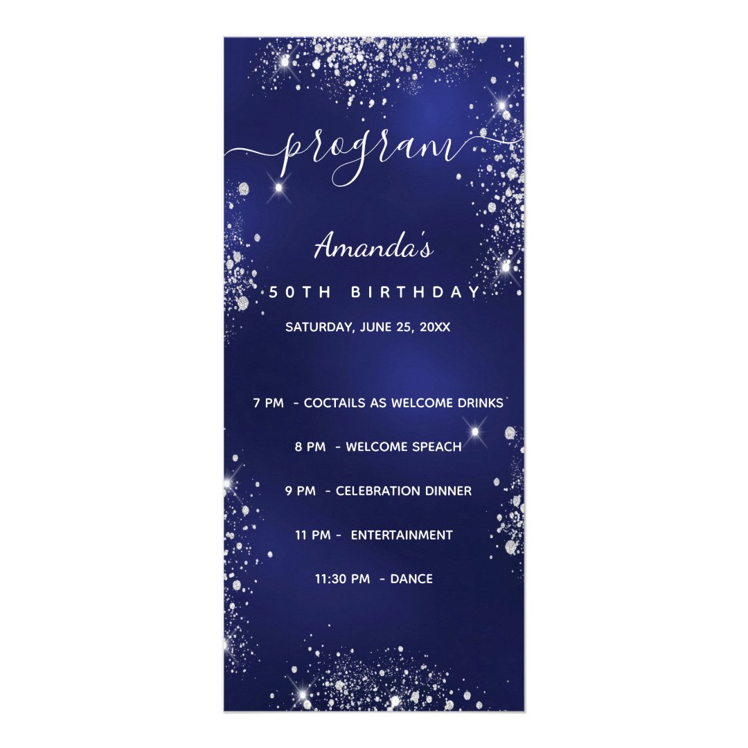Birthday program blue glitter photo fun facts | Zazzle