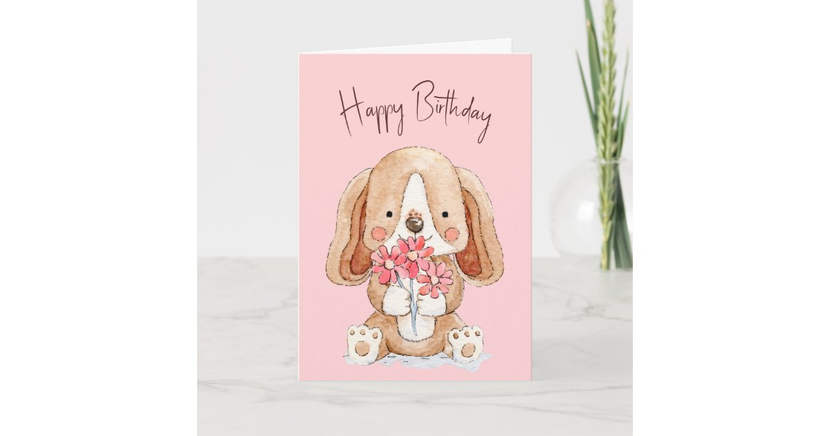 Birthday Puppy Dog with Flowers Card | Zazzle