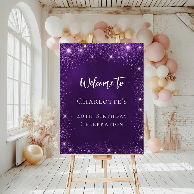 Birthday purple glitter sparkles welcome foam board | Zazzle