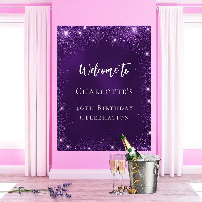 Birthday purple glitter sparkles welcome poster | Zazzle