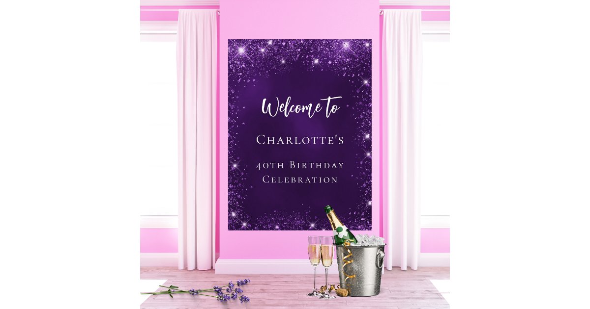 Birthday purple glitter sparkles welcome poster | Zazzle