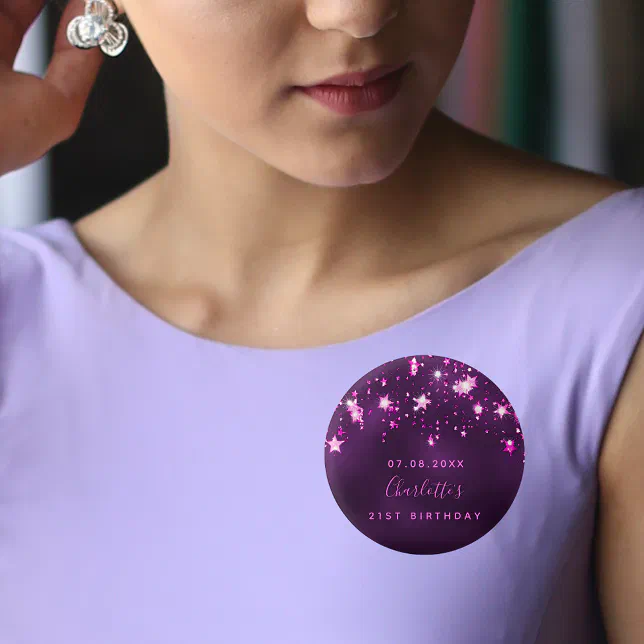 Birthday purple glitter stars custom monogram button | Zazzle