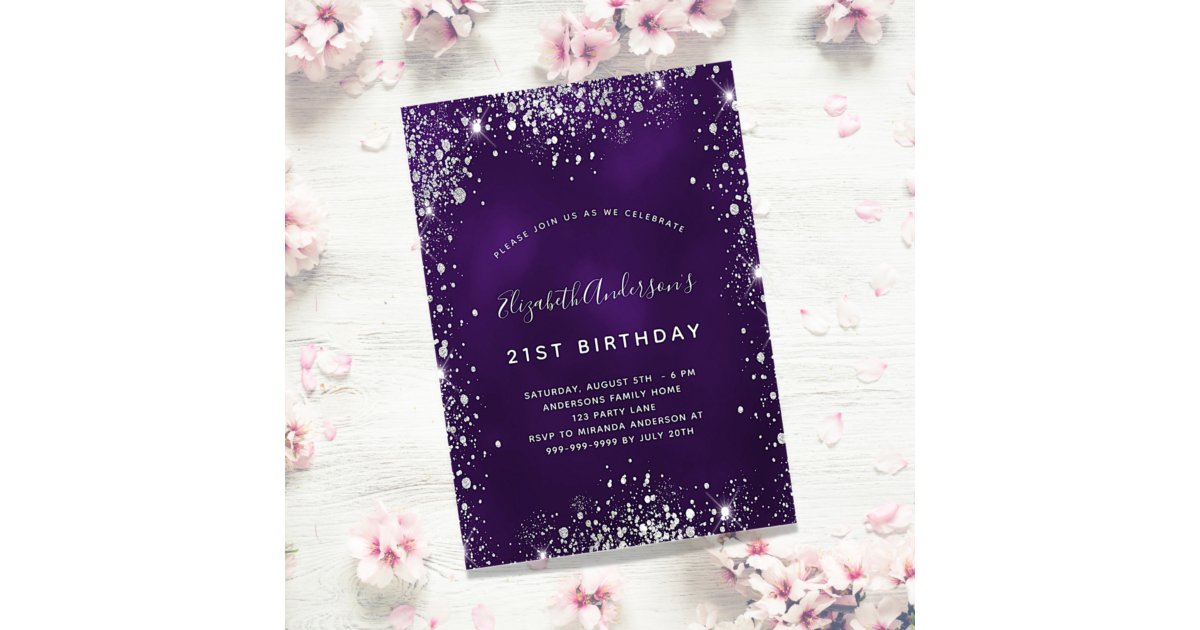 Birthday purple silver glitter invitation | Zazzle