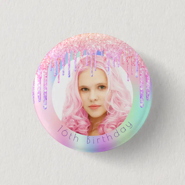 Birthday rainbow glitter drips custom photo pink button | Zazzle