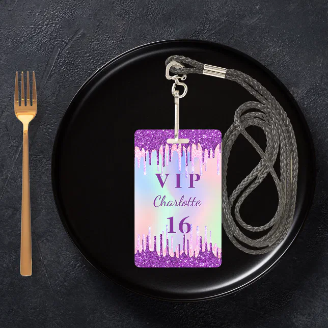 Birthday rainbow glitter purple VIP invitation Badge | Zazzle