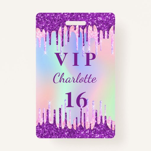 Birthday rainbow glitter purple VIP invitation Badge | Zazzle