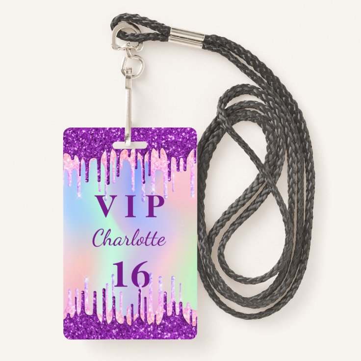 Birthday rainbow glitter purple VIP invitation Badge | Zazzle