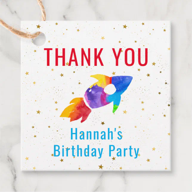 Birthday Rainbow Watercolor Rocket Outer Space Favor Tags | Zazzle