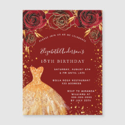 Birthday red gold glitter dress luxury magnetic invitation | Zazzle