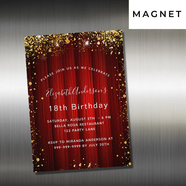 Birthday red gold sparkles movie theater luxury magnetic invitation ...