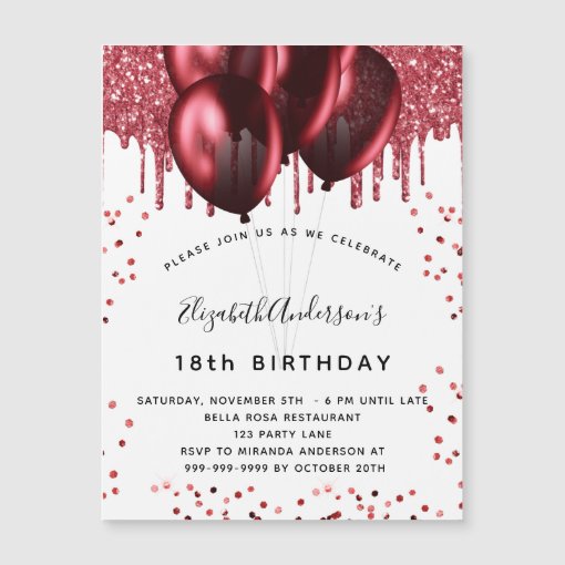 Birthday red white glitter balloons luxury magnetic invitation | Zazzle