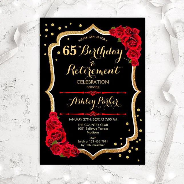 Birthday & Retirement Party - Black Gold Red Invitation | Zazzle