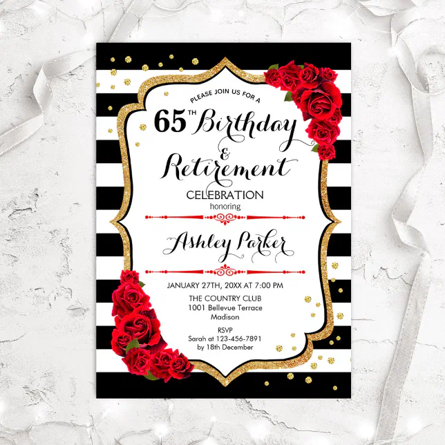 Birthday & Retirement Party - Black White Red Gold Invitation | Zazzle