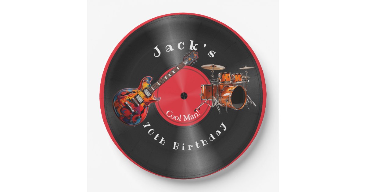 Birthday Retro Vinyl Record Rock Music Guitar Paper Plates | Zazzle