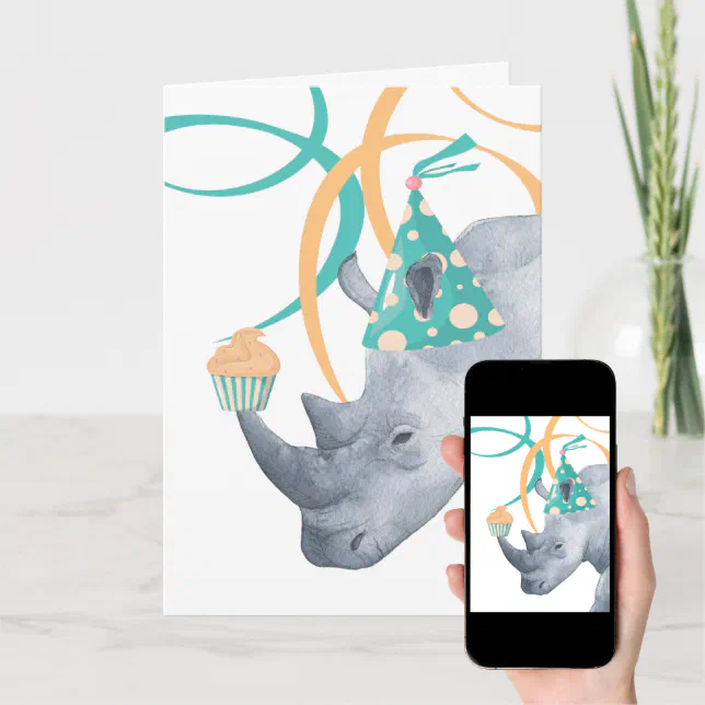 Birthday Rhino in Party Hat with a Cupcake on Horn Card | Zazzle