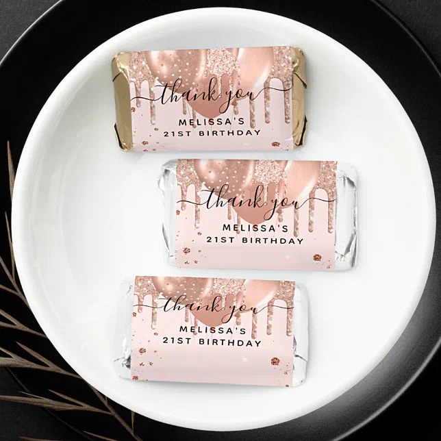 Birthday rose gold blush balloons thank you hershey's miniatures | Zazzle