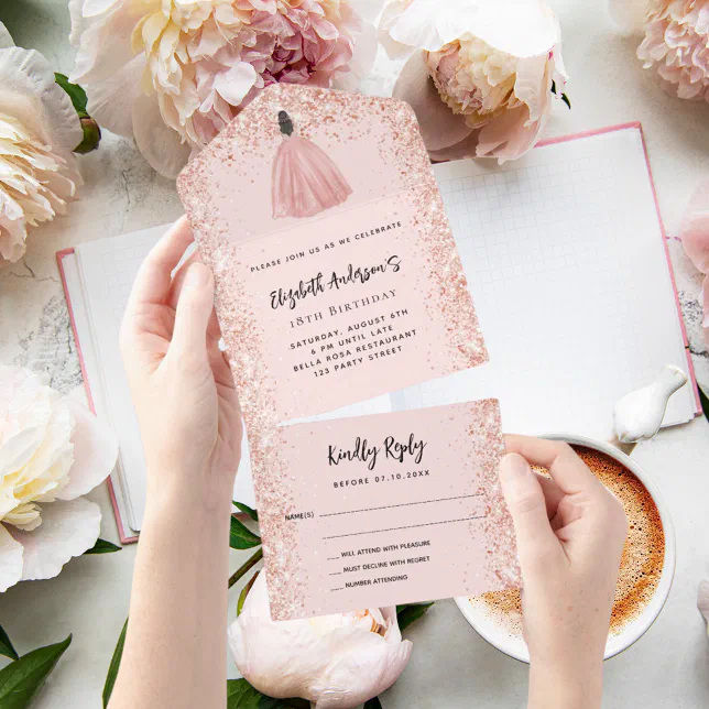 Birthday rose gold blush dress party RSVP All In One Invitation | Zazzle