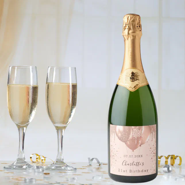 Birthday Rose Gold Blush Glitter Balloons Fun Sparkling Wine Label Zazzle