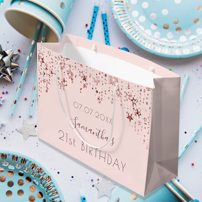 Birthday rose gold blush pink stars monogram large gift bag | Zazzle