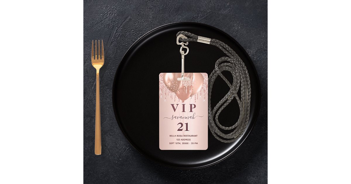 Birthday rose gold glitter balloons vip invitation badge | Zazzle
