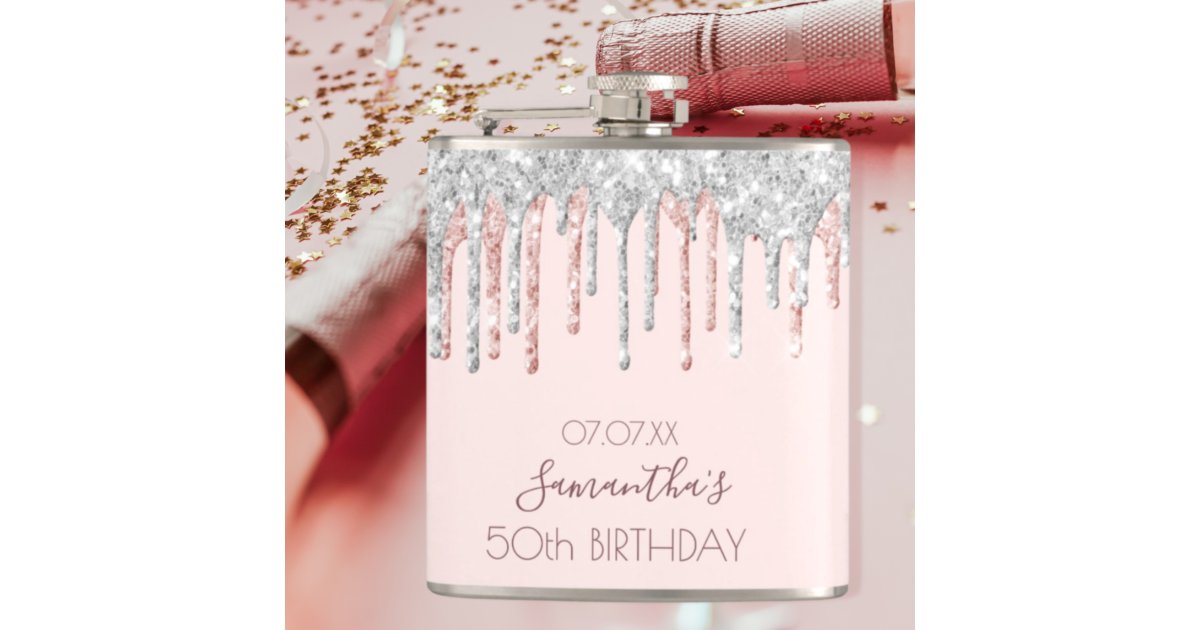 Birthday rose gold glitter dripping silver friends flask | Zazzle