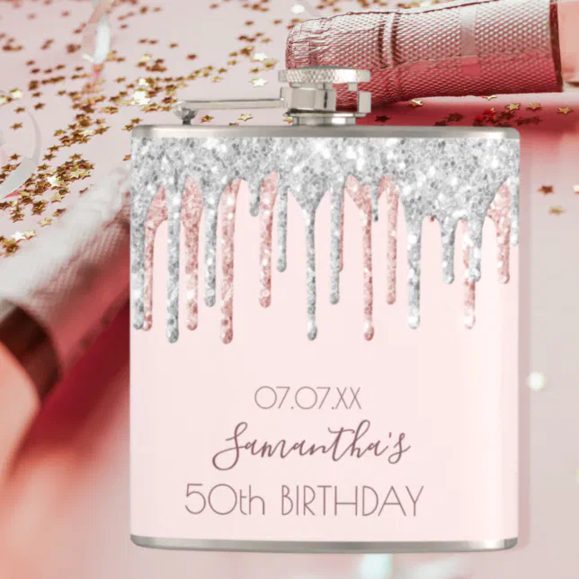 Birthday rose gold glitter dripping silver friends flask | Zazzle