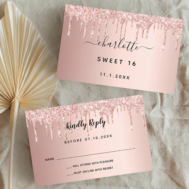 Birthday rose gold glitter drips party RSVP Enclosure Card | Zazzle