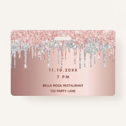 Birthday rose gold glitter drips pink silver vip badge | Zazzle