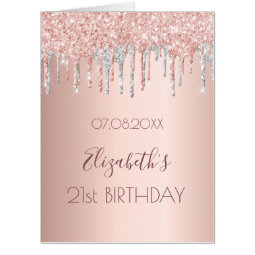 Birthday rose gold glitter drips silver card | Zazzle