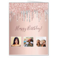 Birthday rose gold glitter drips silver card | Zazzle
