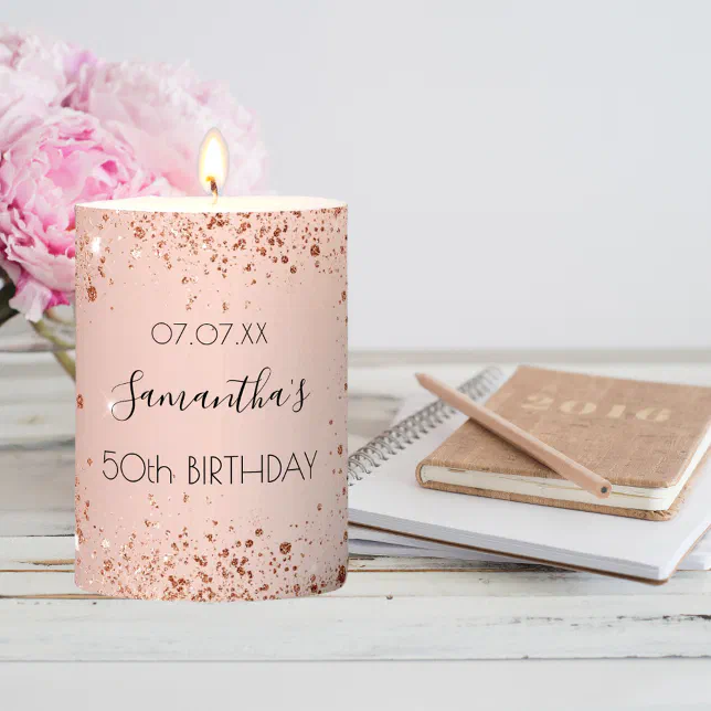 Birthday rose gold glitter dust metal name pillar candle | Zazzle