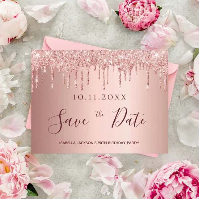 Birthday rose gold glitter save the date postcard | Zazzle