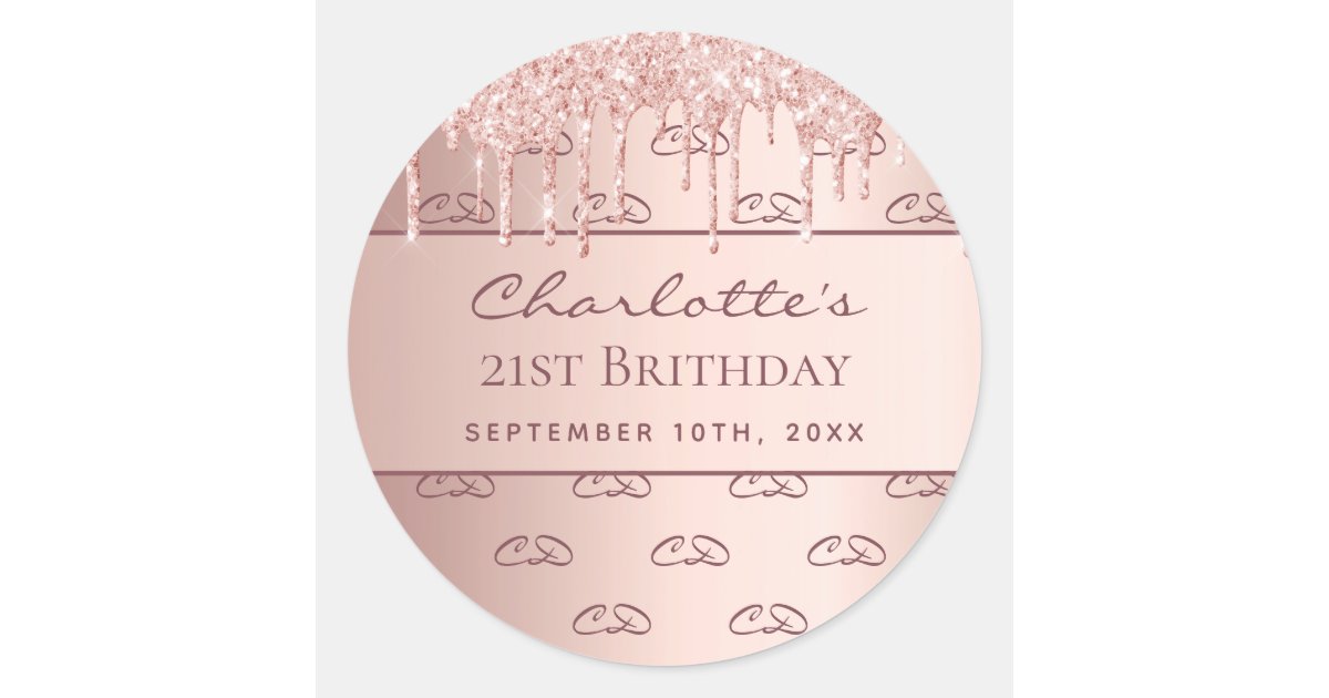 Birthday rose gold monogram initial script classic round sticker | Zazzle