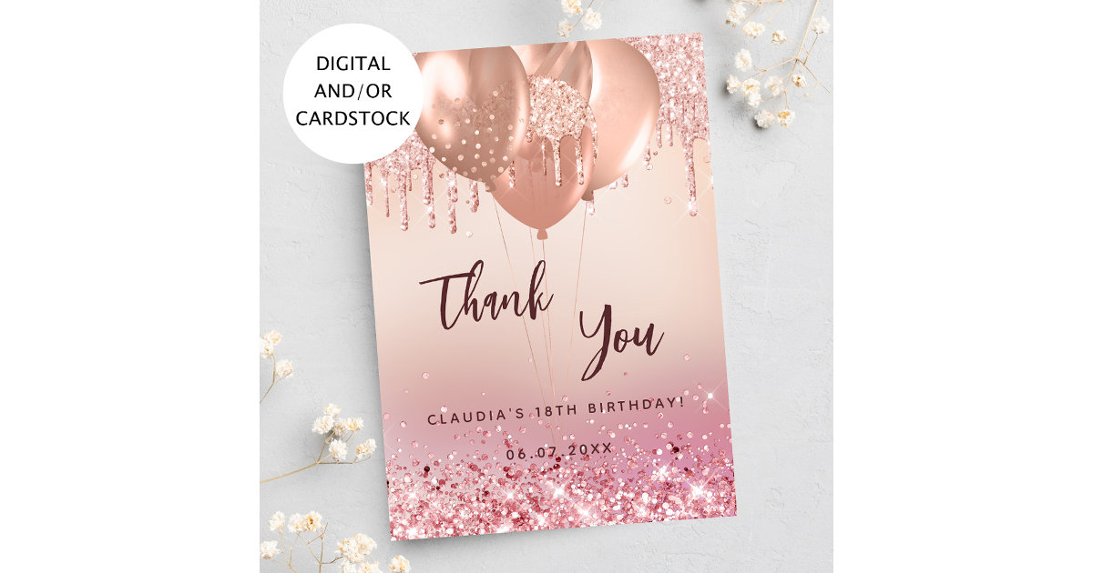 Birthday rose gold pink balloons thank you card | Zazzle