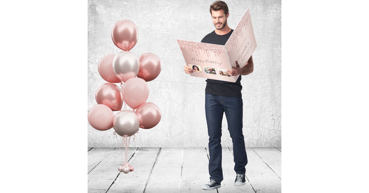 Birthday rose gold pink drips photo card | Zazzle